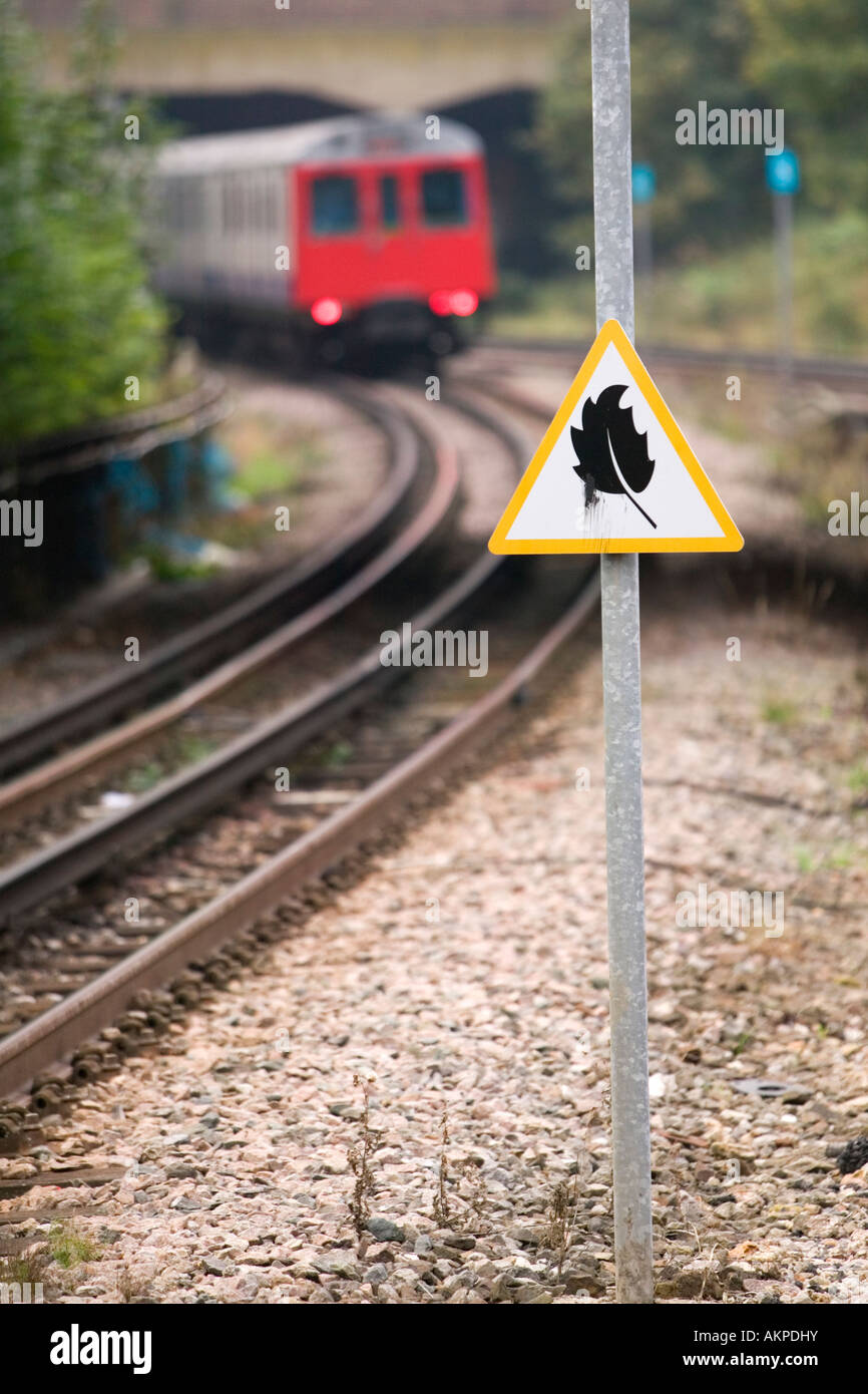 Traffic sign warning about leaves on tracks Stock Photo - Alamy