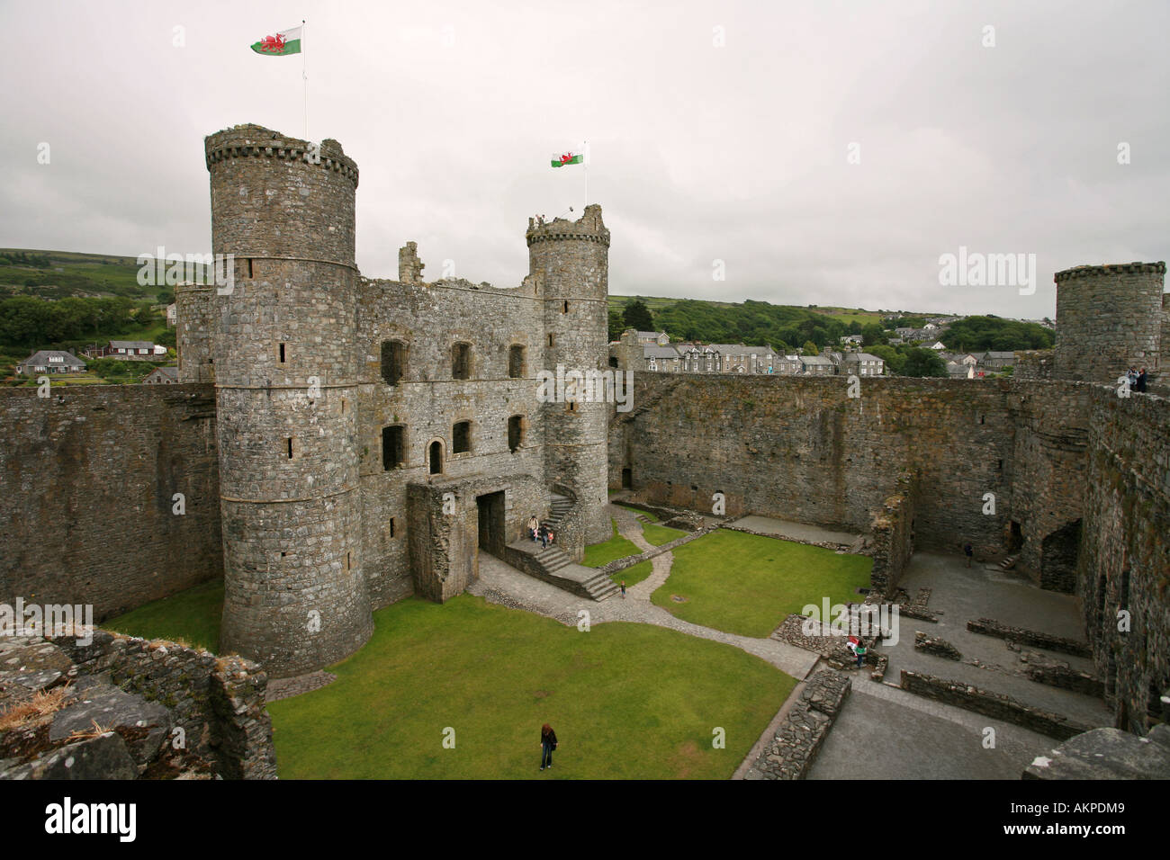 Aerial view of central gatehouse battlements ramparts and stone walls ...