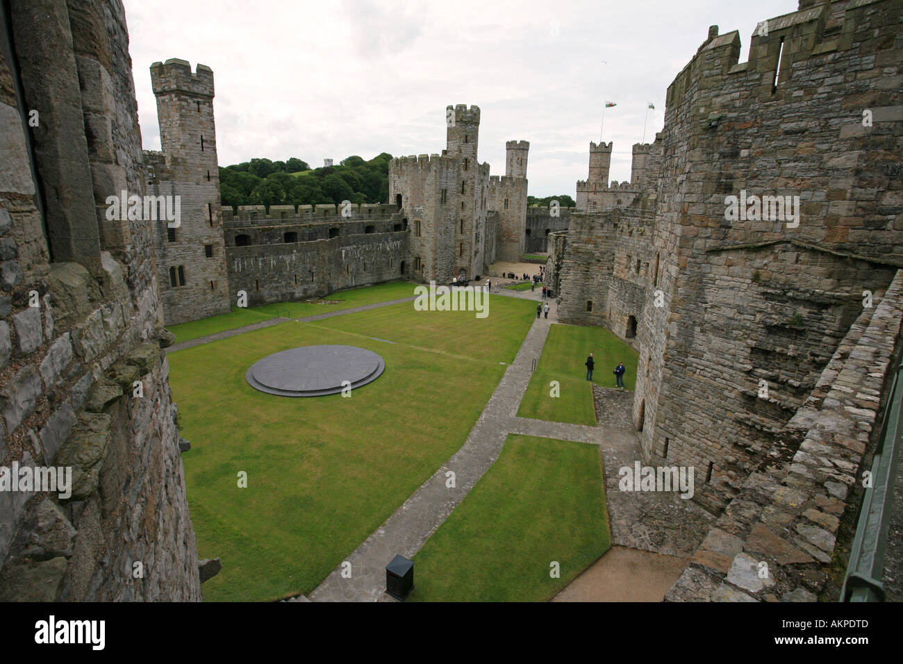 Aerial view of courtyard fortified stone walls towers embattlements of ...