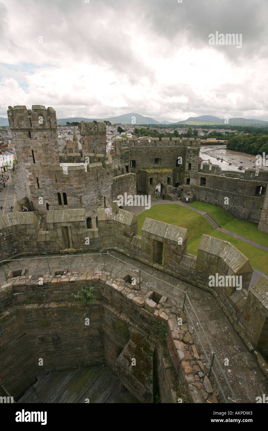 Aerial view of courtyard fortified stone walls towers embattlements of ...