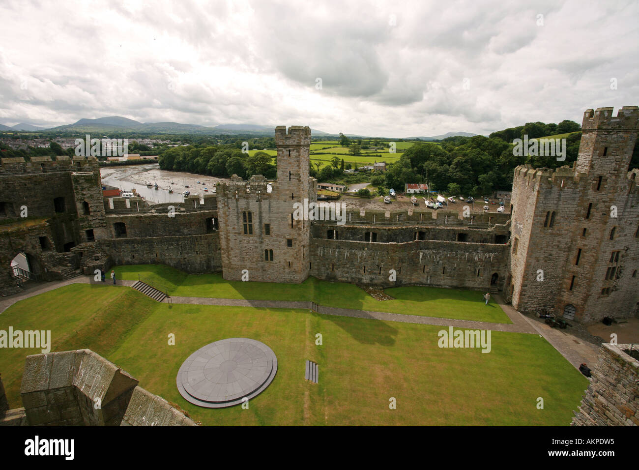 Aerial view of courtyard fortified stone walls towers embattlements of ...