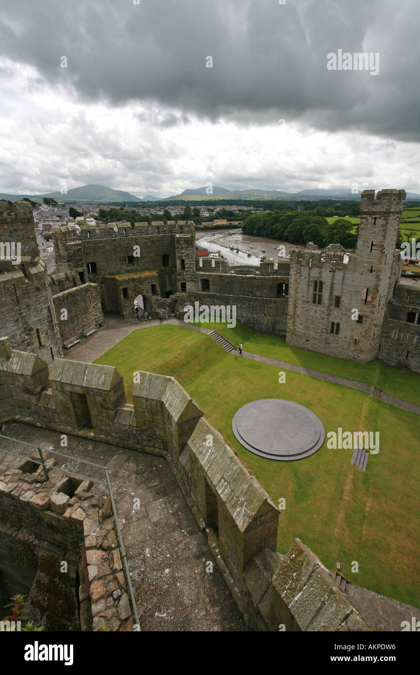 Aerial view of courtyard fortified stone walls towers embattlements of ...