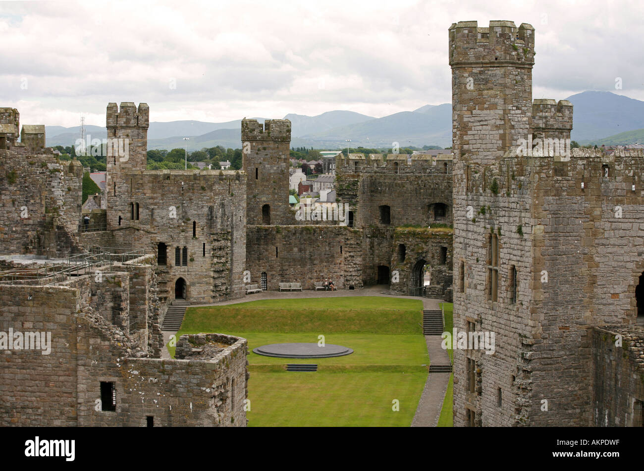 Aerial view of courtyard fortified stone walls towers embattlements of ...