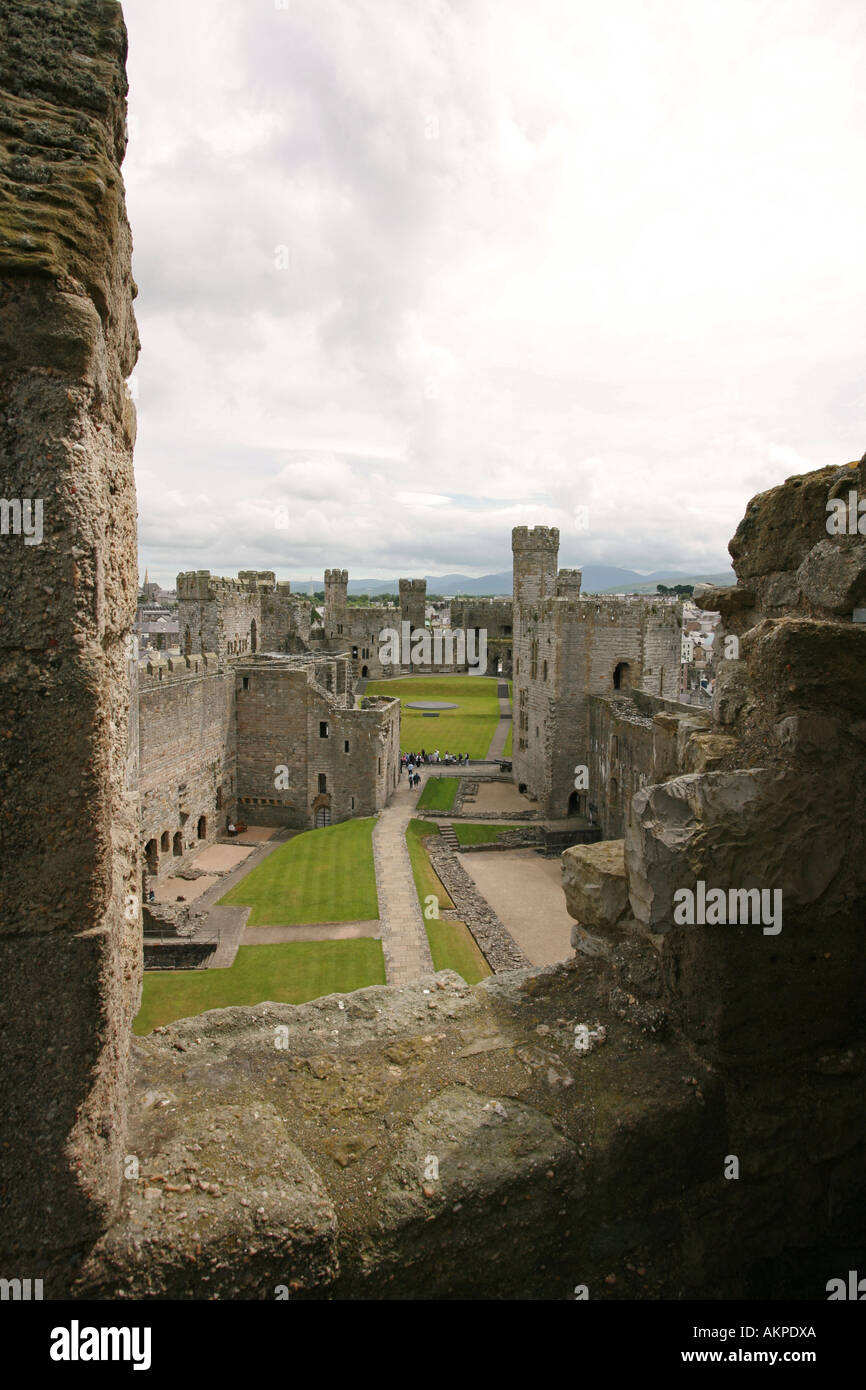 Aerial view of courtyard fortified stone walls towers embattlements of ...