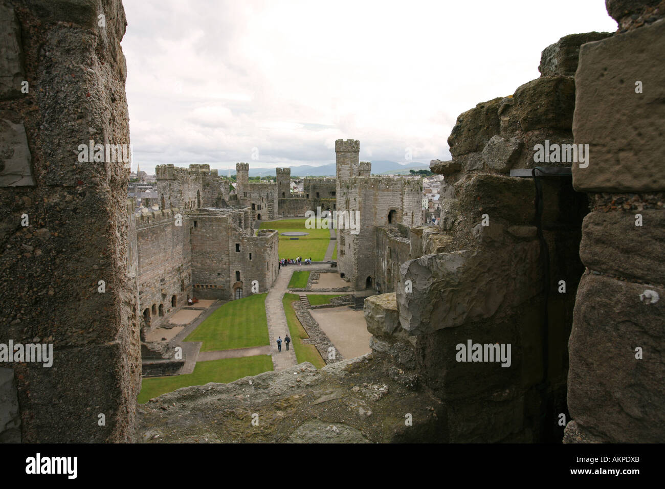 Aerial view of courtyard fortified stone walls towers embattlements of ...