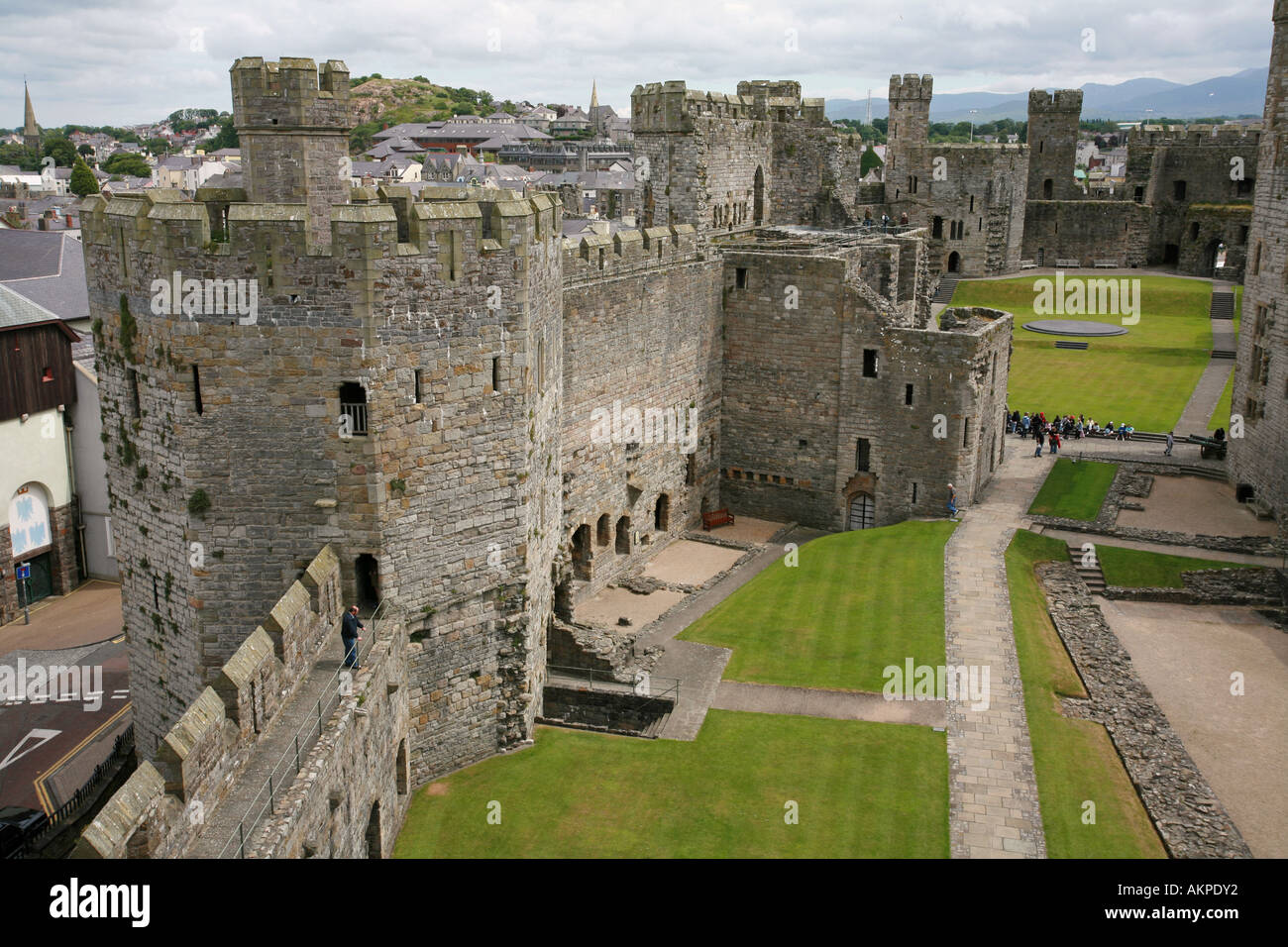 Aerial view of courtyard fortified stone walls towers embattlements of ...