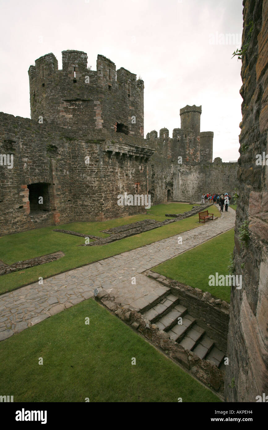 Conwy castle main internal courtyard showing towers steps and ruins ...
