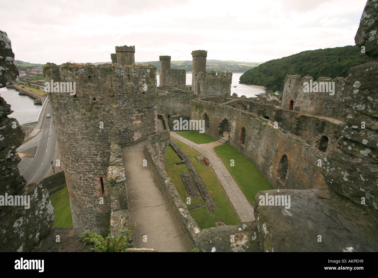 Aerial view of famous North Wales tourist attraction Conwy Castle ...