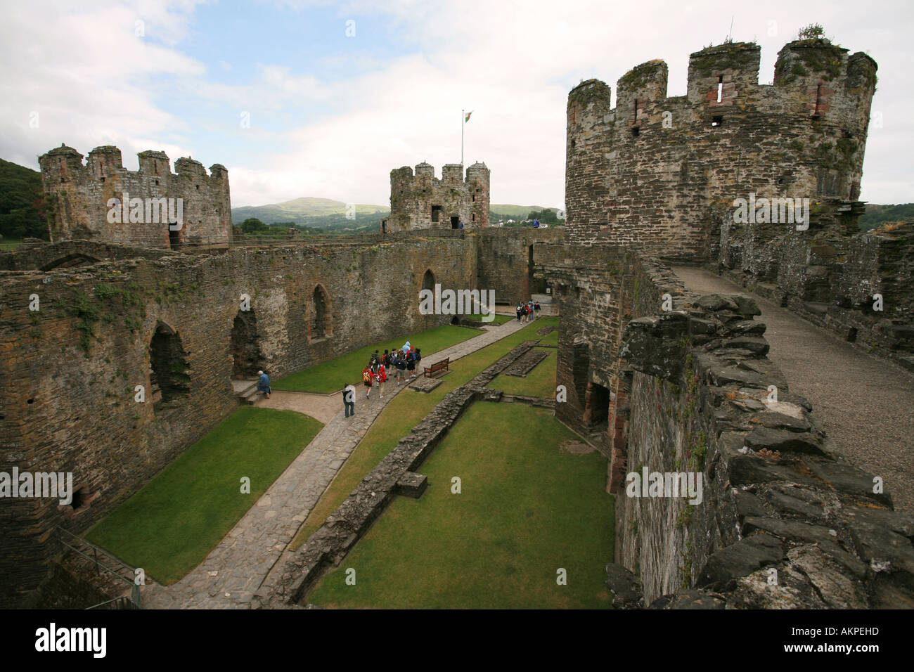 Aerial view of famous North Wales tourist attraction Conwy Castle ...