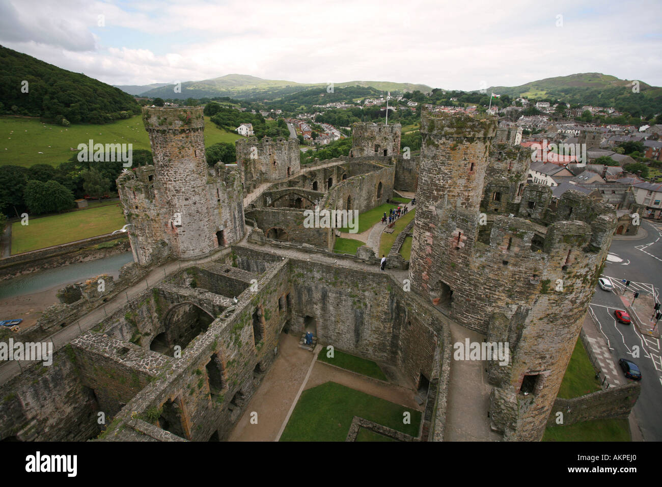 Aerial view of famous North Wales tourist attraction Conwy Castle and ...