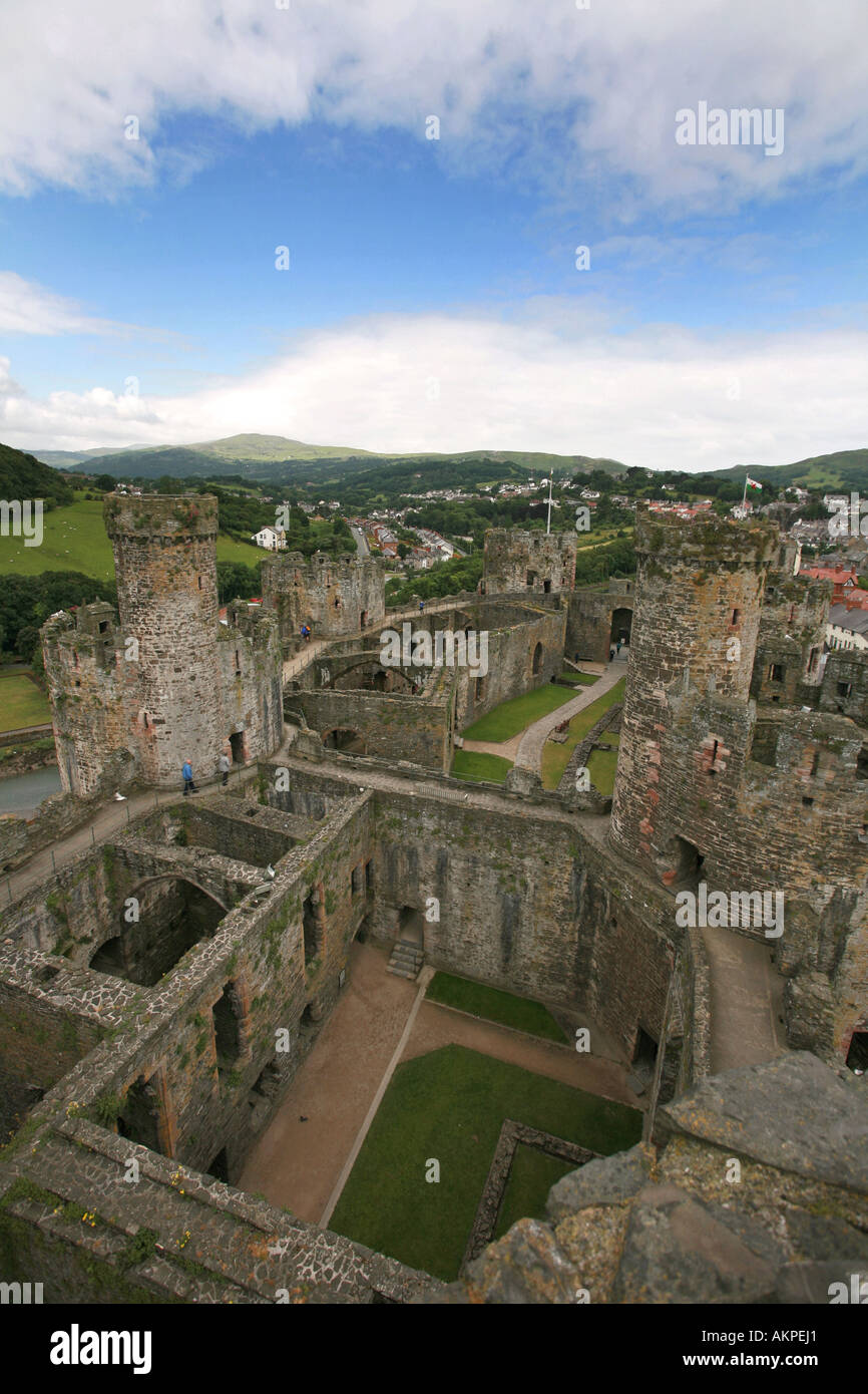 Aerial view of famous North Wales tourist attraction Conwy Castle ...
