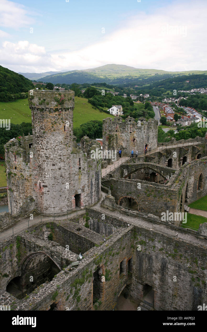Aerial view of famous North Wales tourist attraction Conwy Castle ...