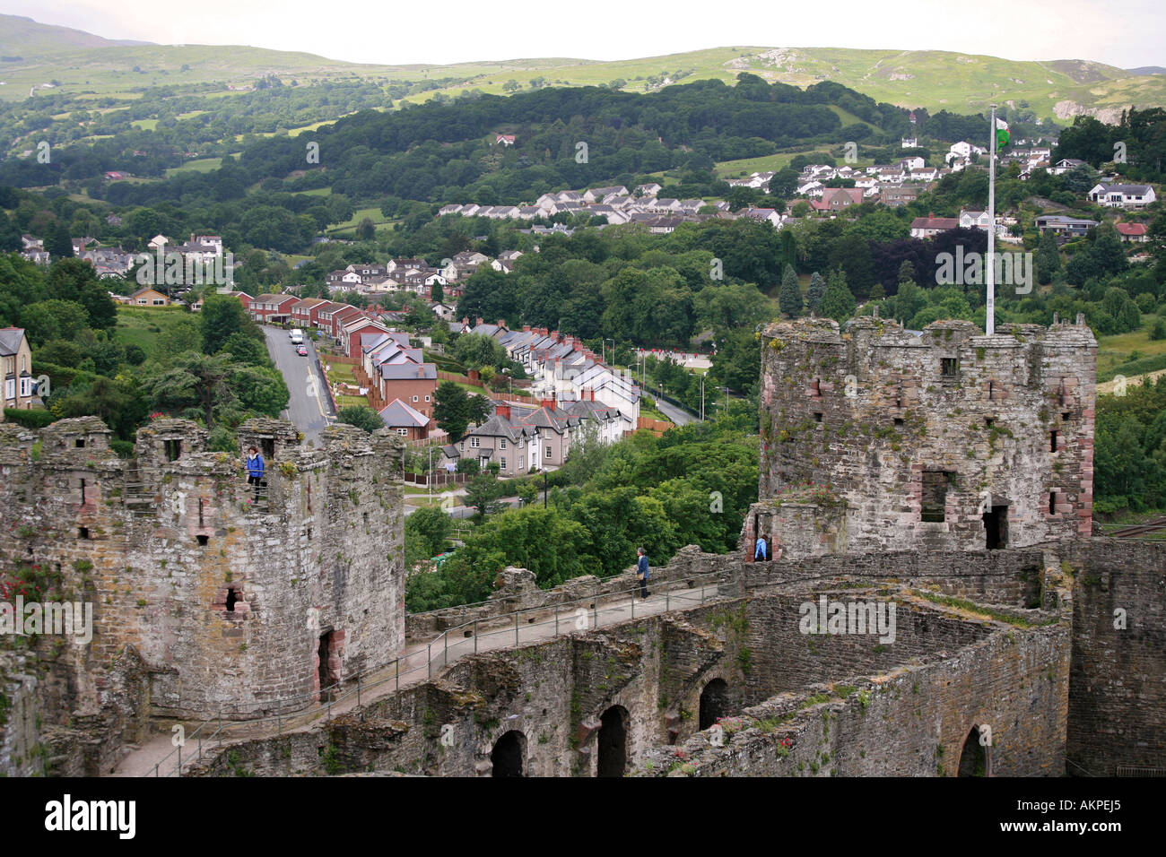 Aerial view of famous North Wales tourist attraction Conwy Castle and ...