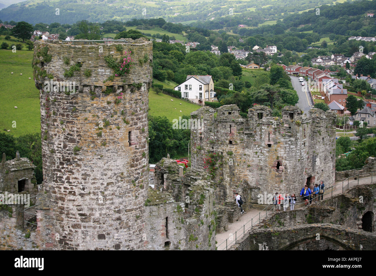 Aerial view of famous North Wales tourist attraction Conwy Castle and ...