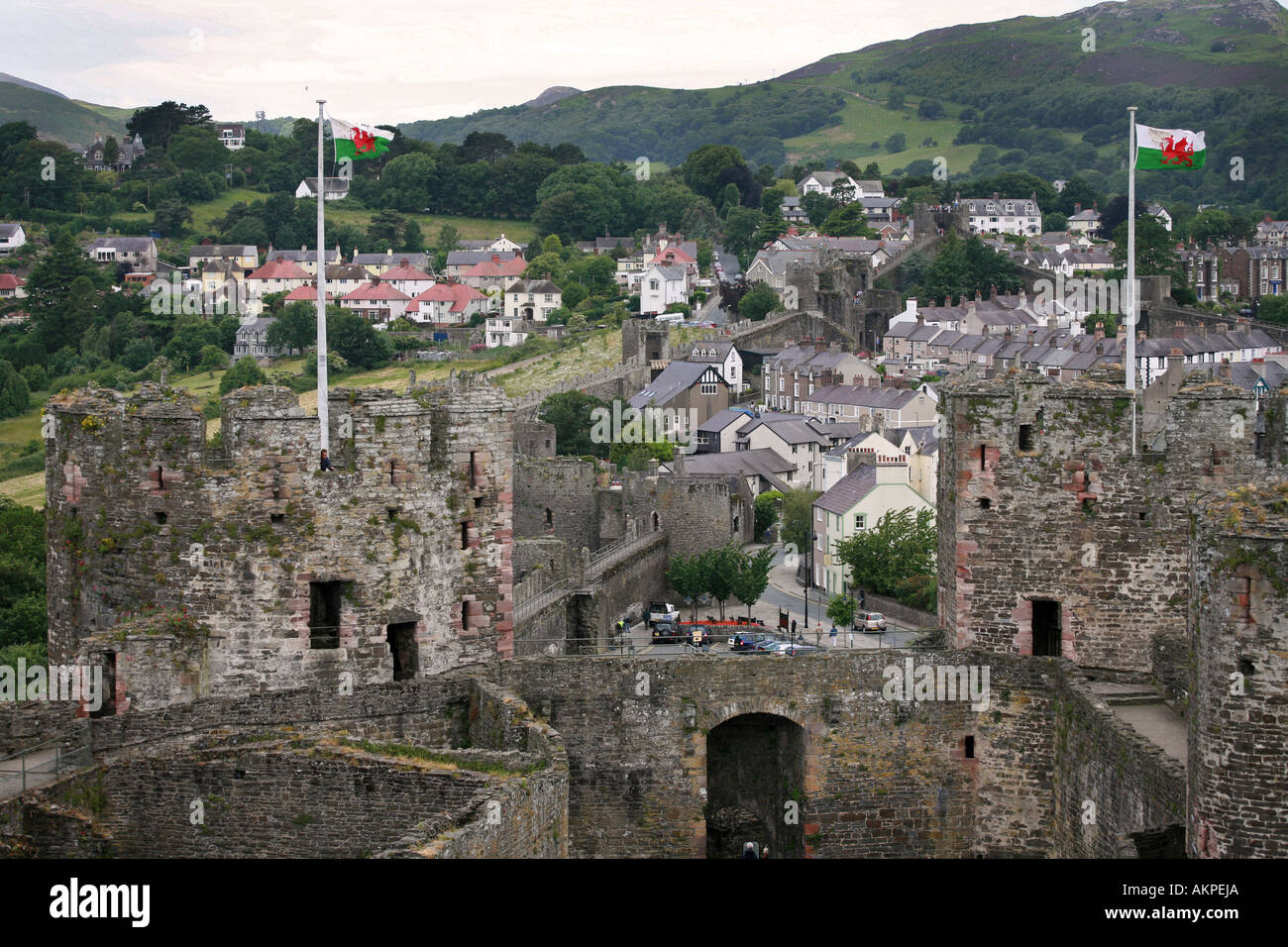 Aerial view of famous North Wales tourist attraction Conwy Castle and ...