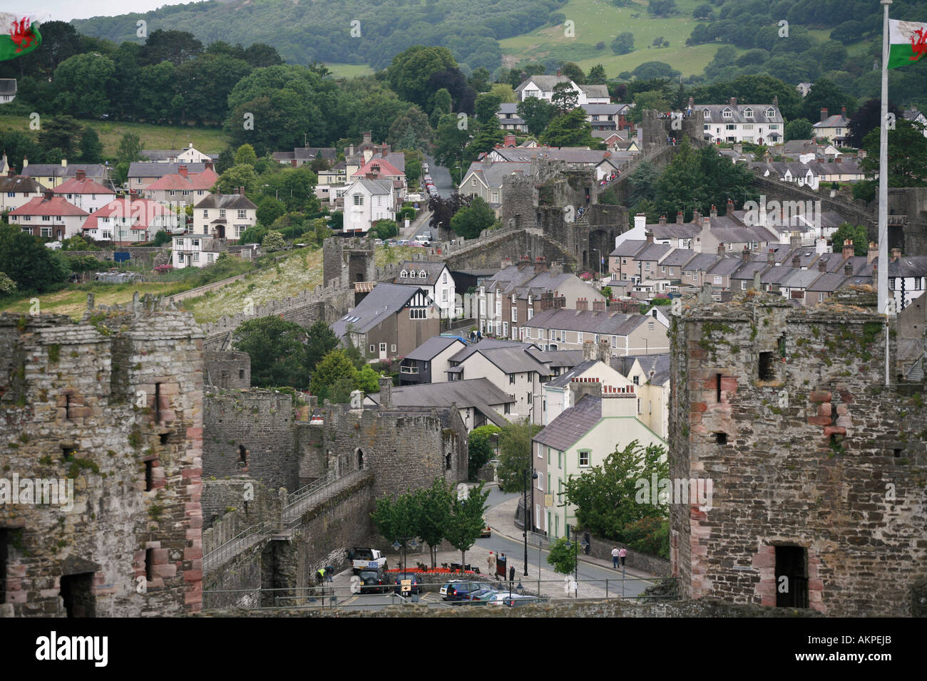 Aerial view of famous North Wales tourist attraction Conwy Castle and ...