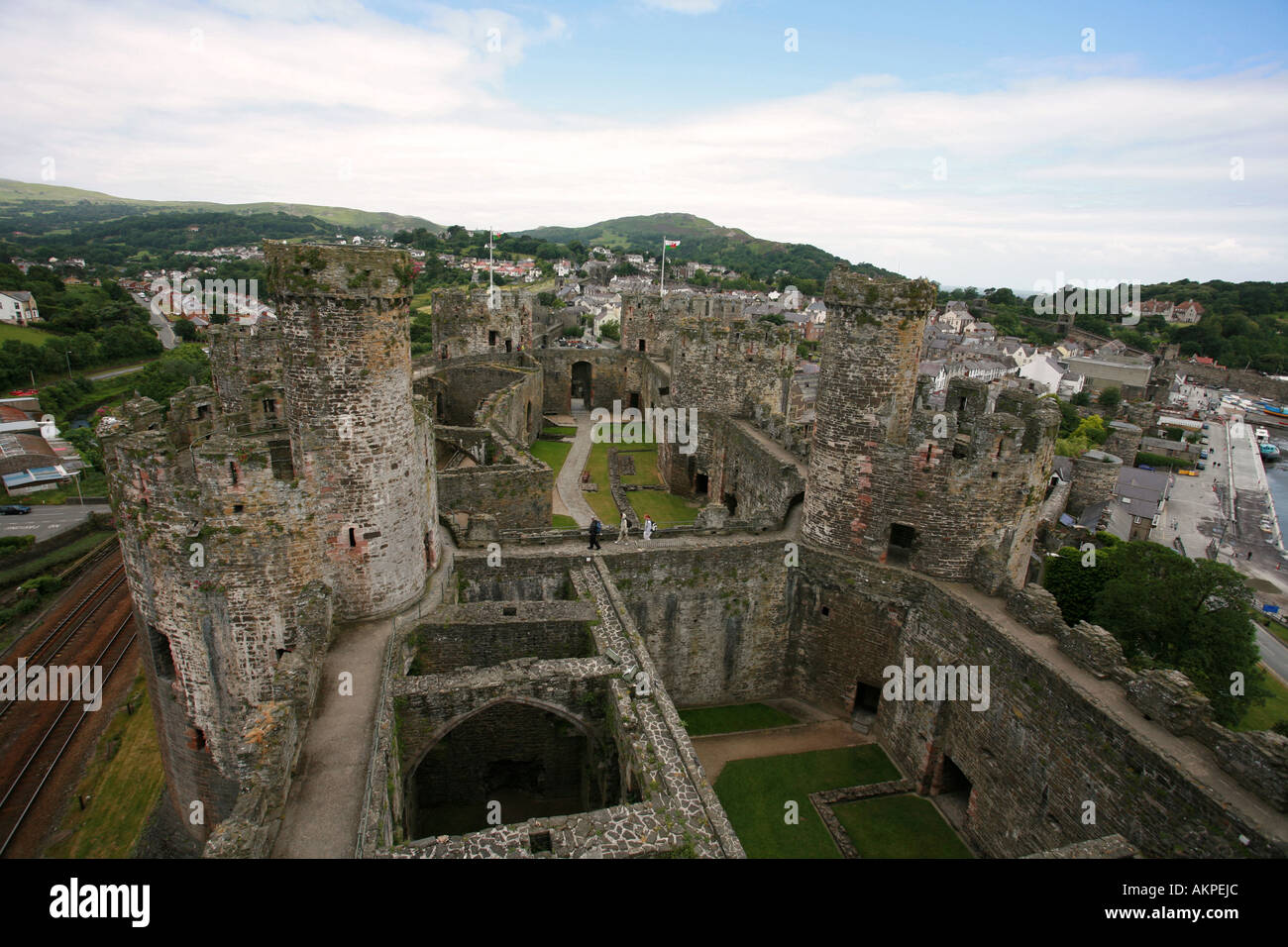 Aerial view of famous North Wales tourist attraction Conwy Castle and ...