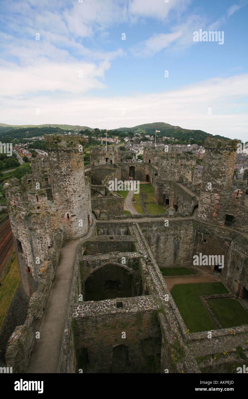 Aerial view of famous North Wales tourist attraction Conwy Castle and ...