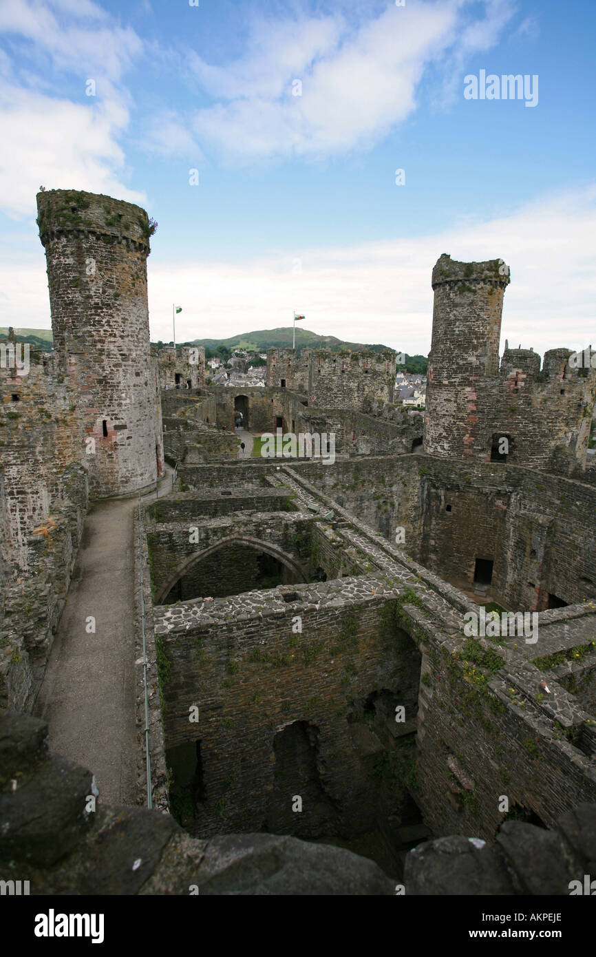 Aerial view of famous North Wales tourist attraction Conwy Castle and ...