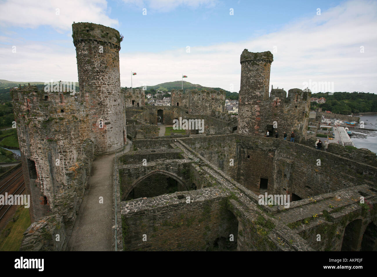 Aerial view of famous North Wales tourist attraction Conwy Castle and ...