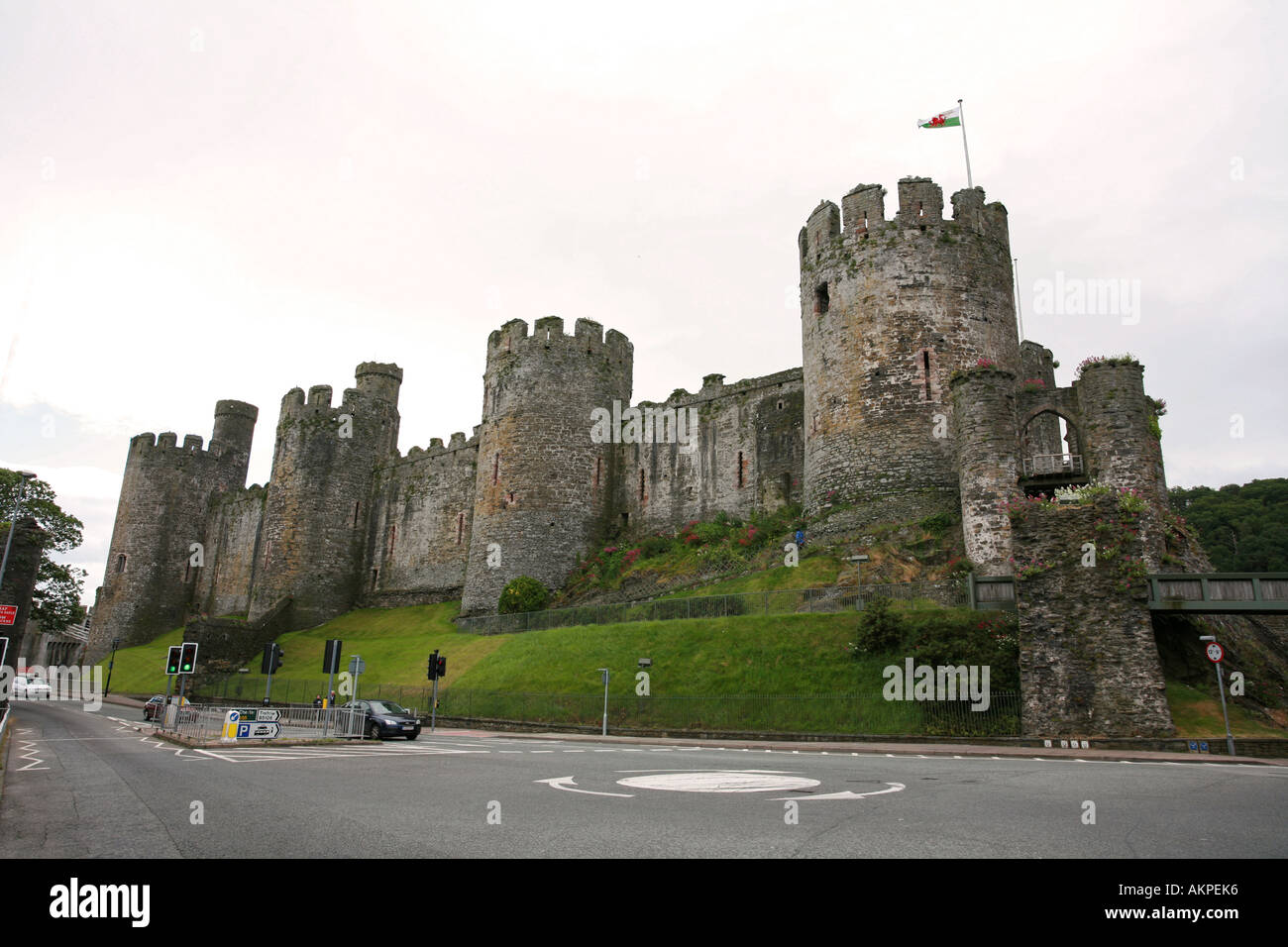 World famous Conwy castle external walls and towers with Welsh national ...