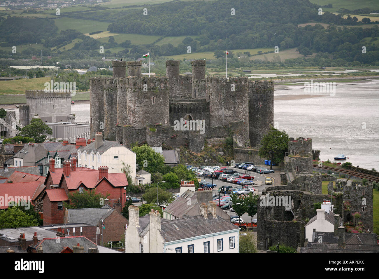 Aerial view of famous North Wales tourist attraction Conwy Castle and ...