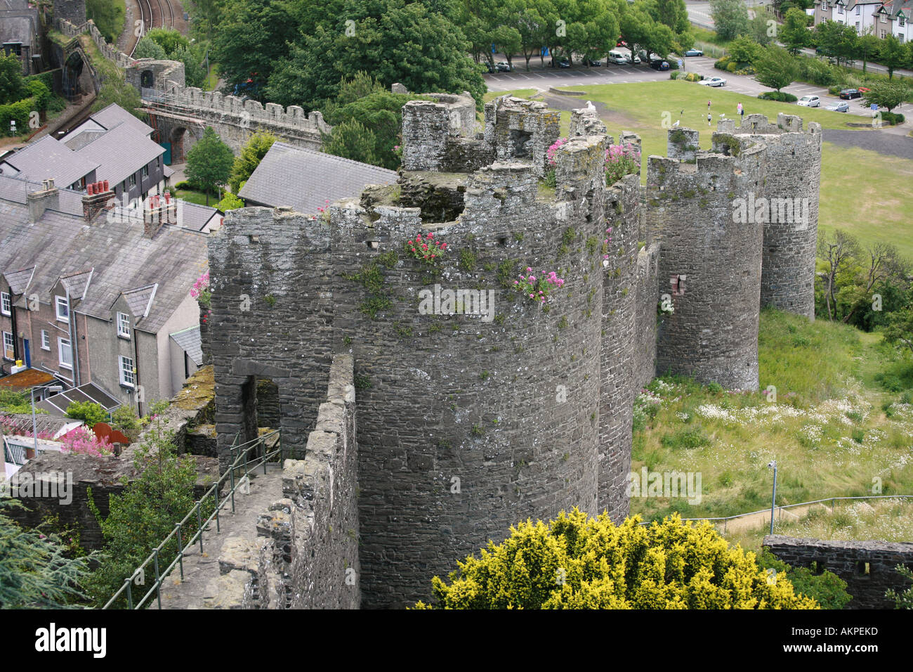 North Wales town of Conwy viewed from ancient town walls Snowdonia ...