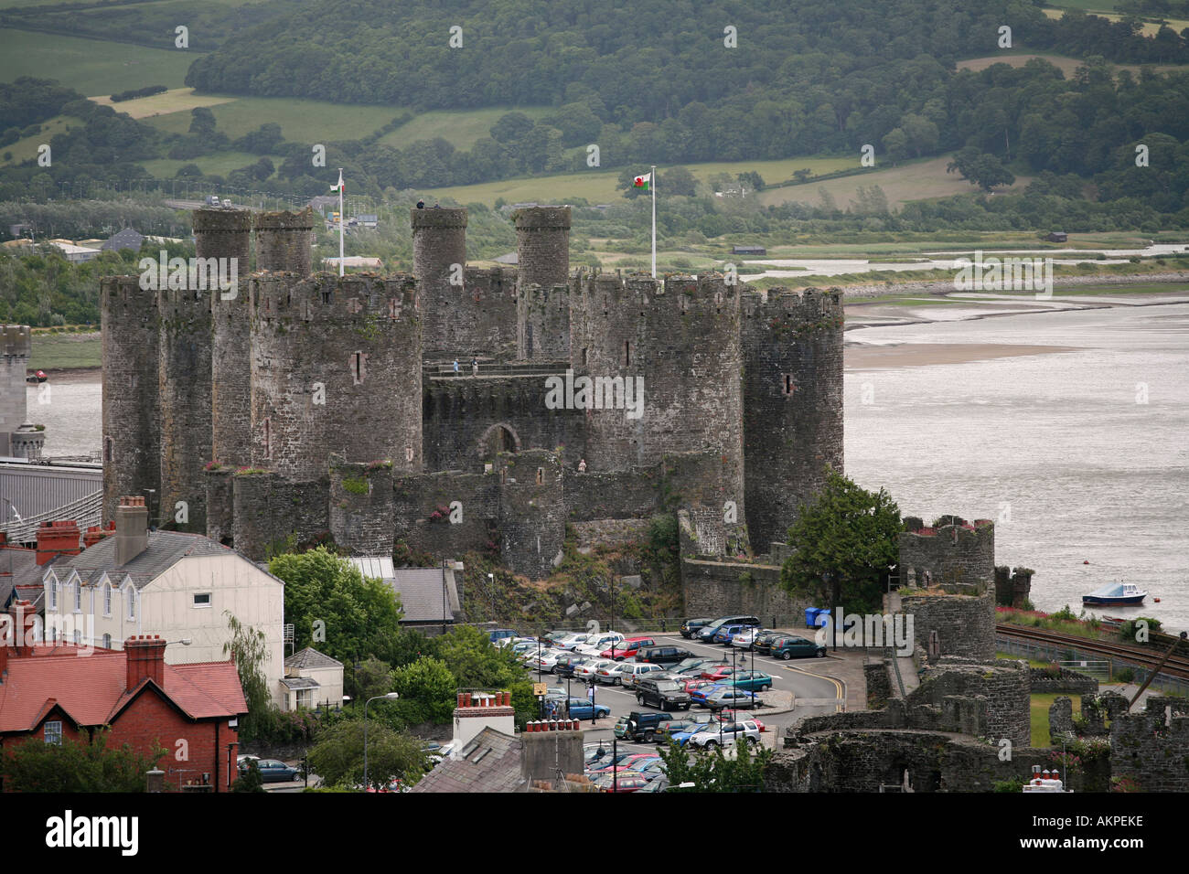 Aerial view of famous North Wales tourist attraction Conwy Castle and ...