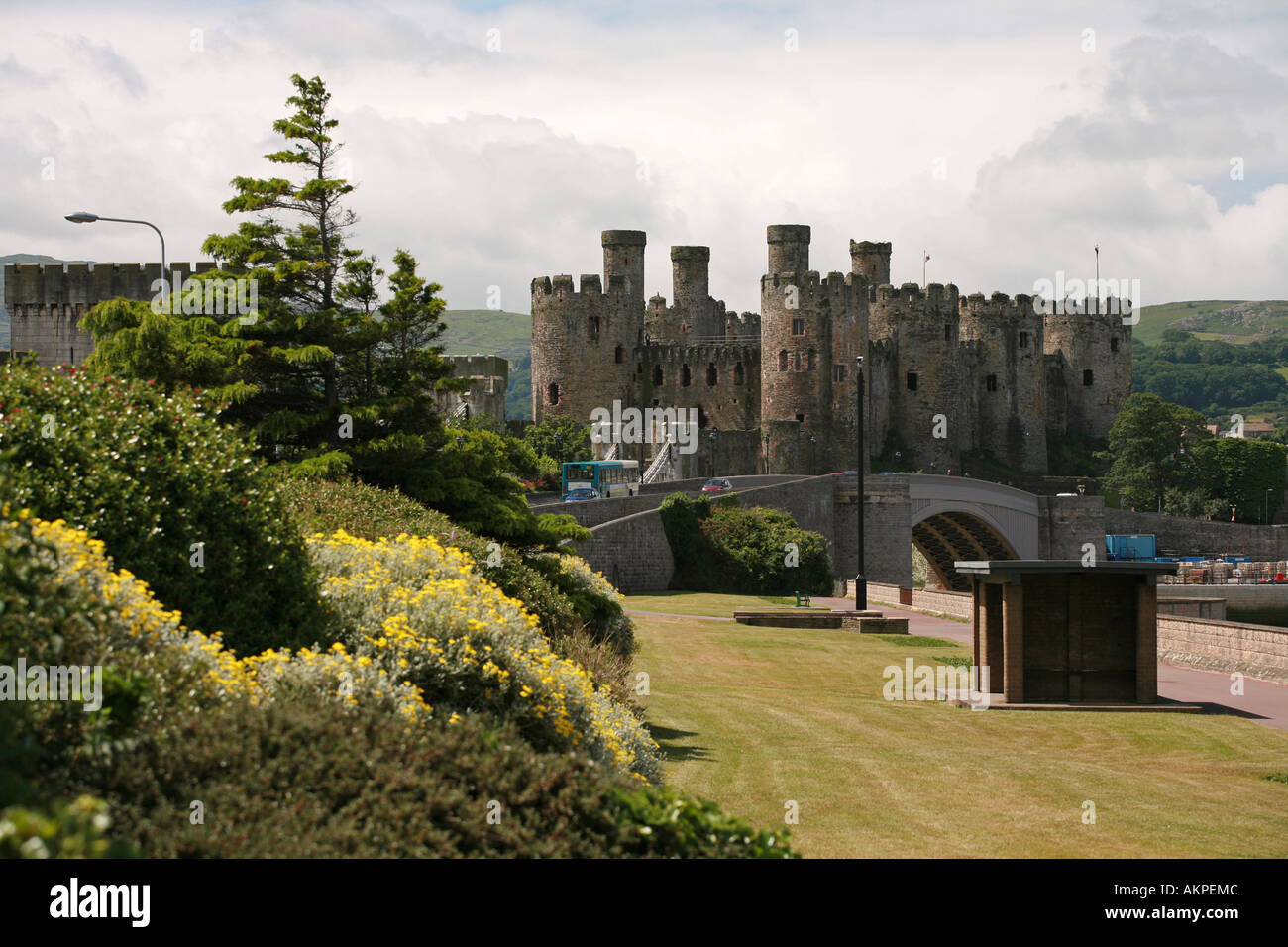 Majestic Conwy castle with Snowdonia national park countryside behind ...
