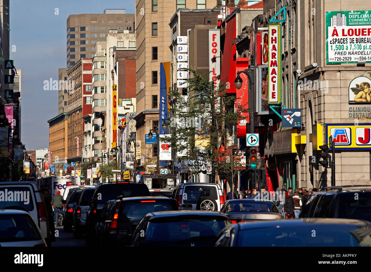 Canada, Quebec, Montreal, downtown, traffic on Rue Sainte Catherine ...