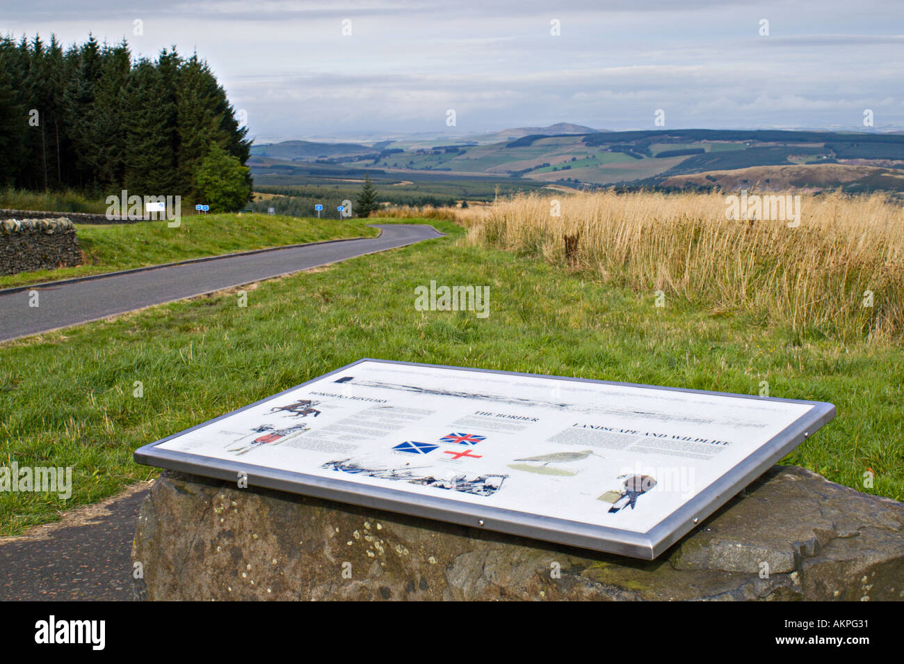 Scottish Border crossing from England view towards Scotland on A68 road ...