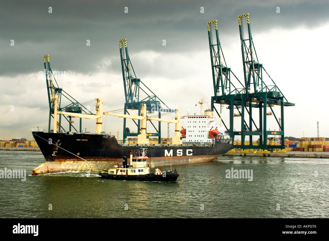 Antwerp Belgium Port Harbour container transport containers boat vessel ...