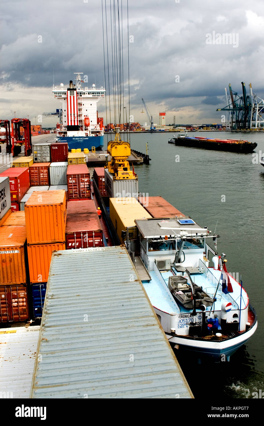 Antwerp Belgium Port Harbour container transport containers boat vessel ...