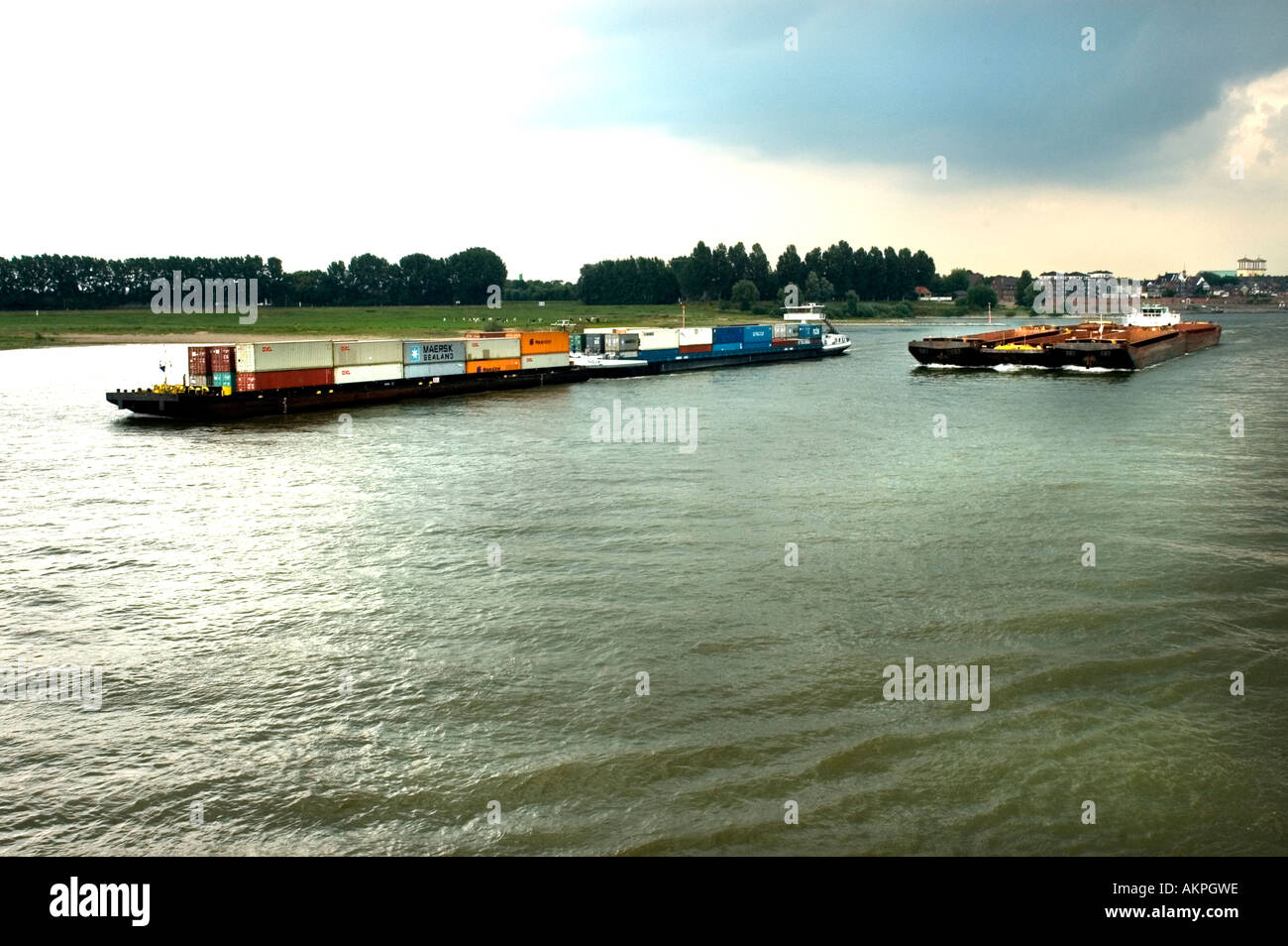 Rhine Germany container transport containers boat vessel german Stock ...