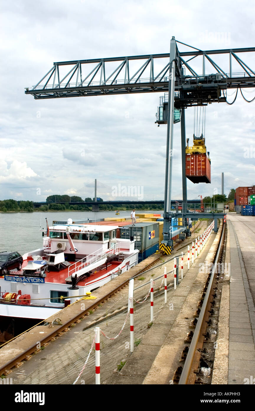 Rhine Germany container transport containers boat vessel german Stock ...
