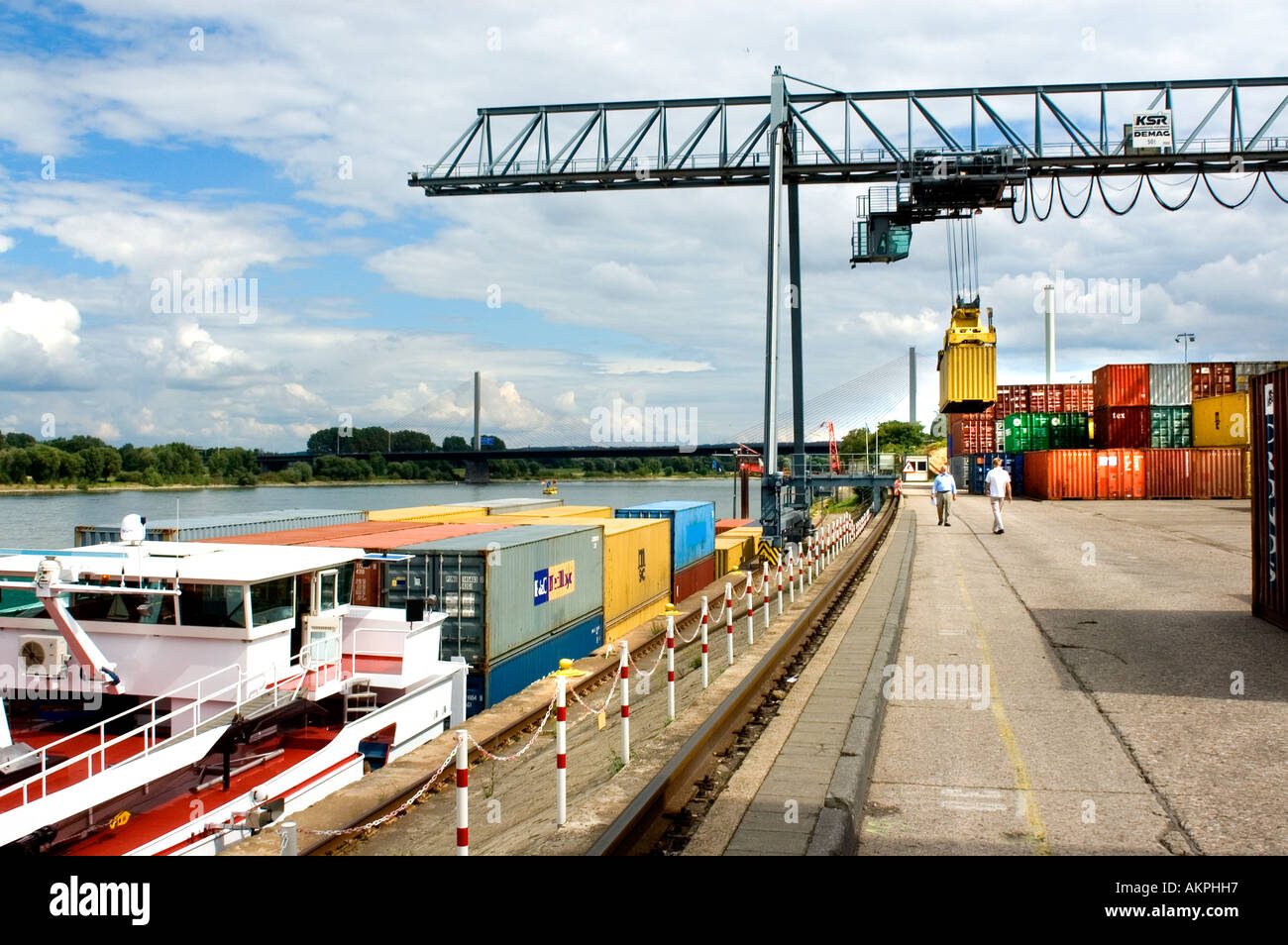 Rhine Germany container transport containers boat vessel german Stock ...