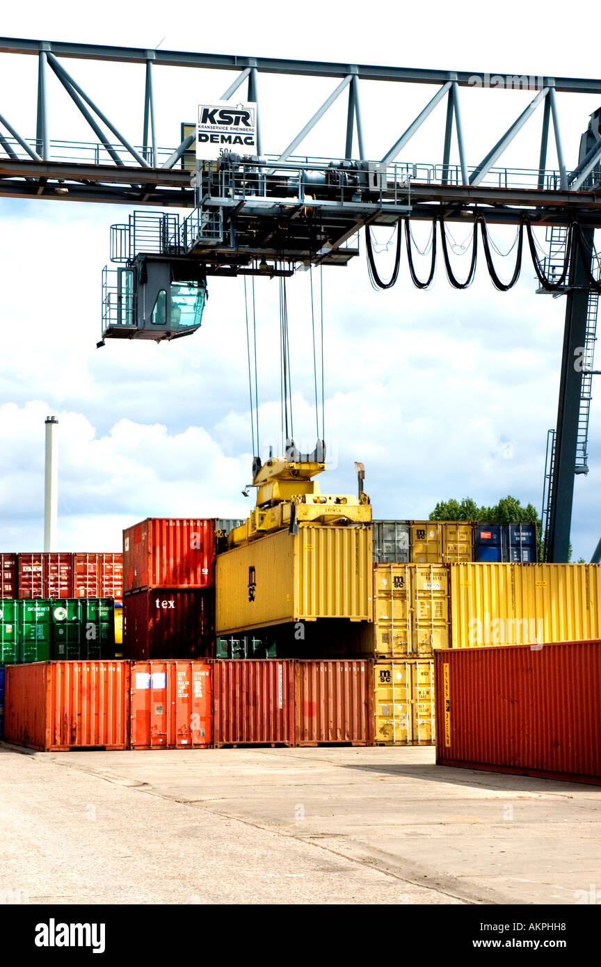 Rhine Germany container transport containers boat vessel german Stock ...