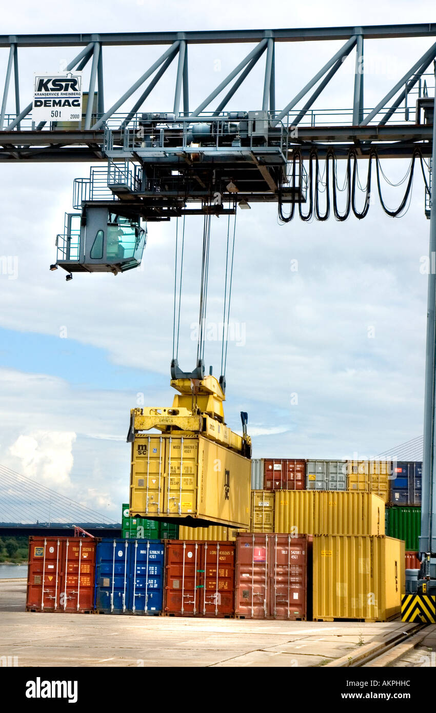 Rhine Germany container transport containers boat vessel german Stock ...