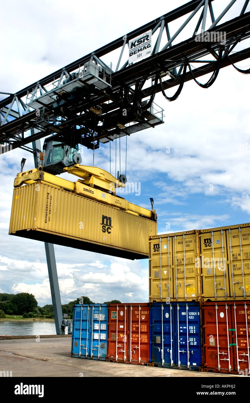 Rhine Germany container transport containers boat vessel german Stock ...