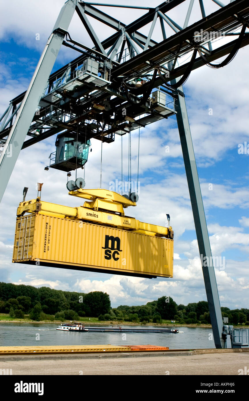 Rhine Germany container transport containers boat vessel german Stock ...