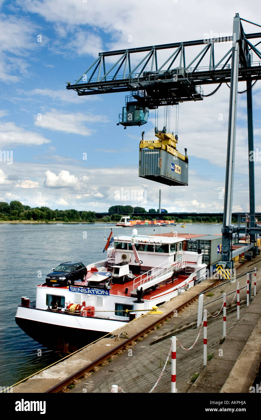Rhine Germany container transport containers boat vessel german Stock ...