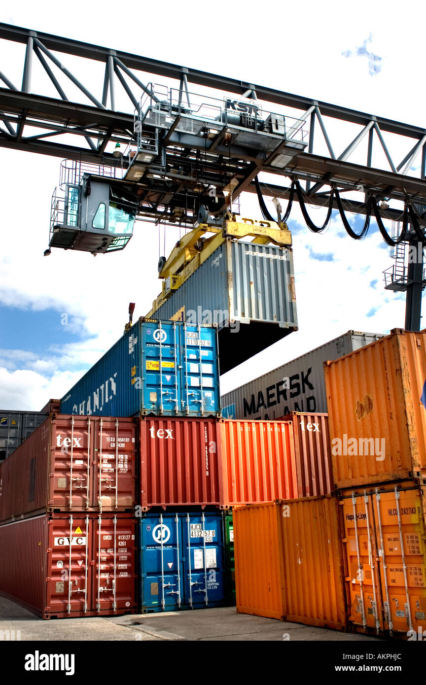 Rhine Germany container transport containers boat vessel german Stock ...