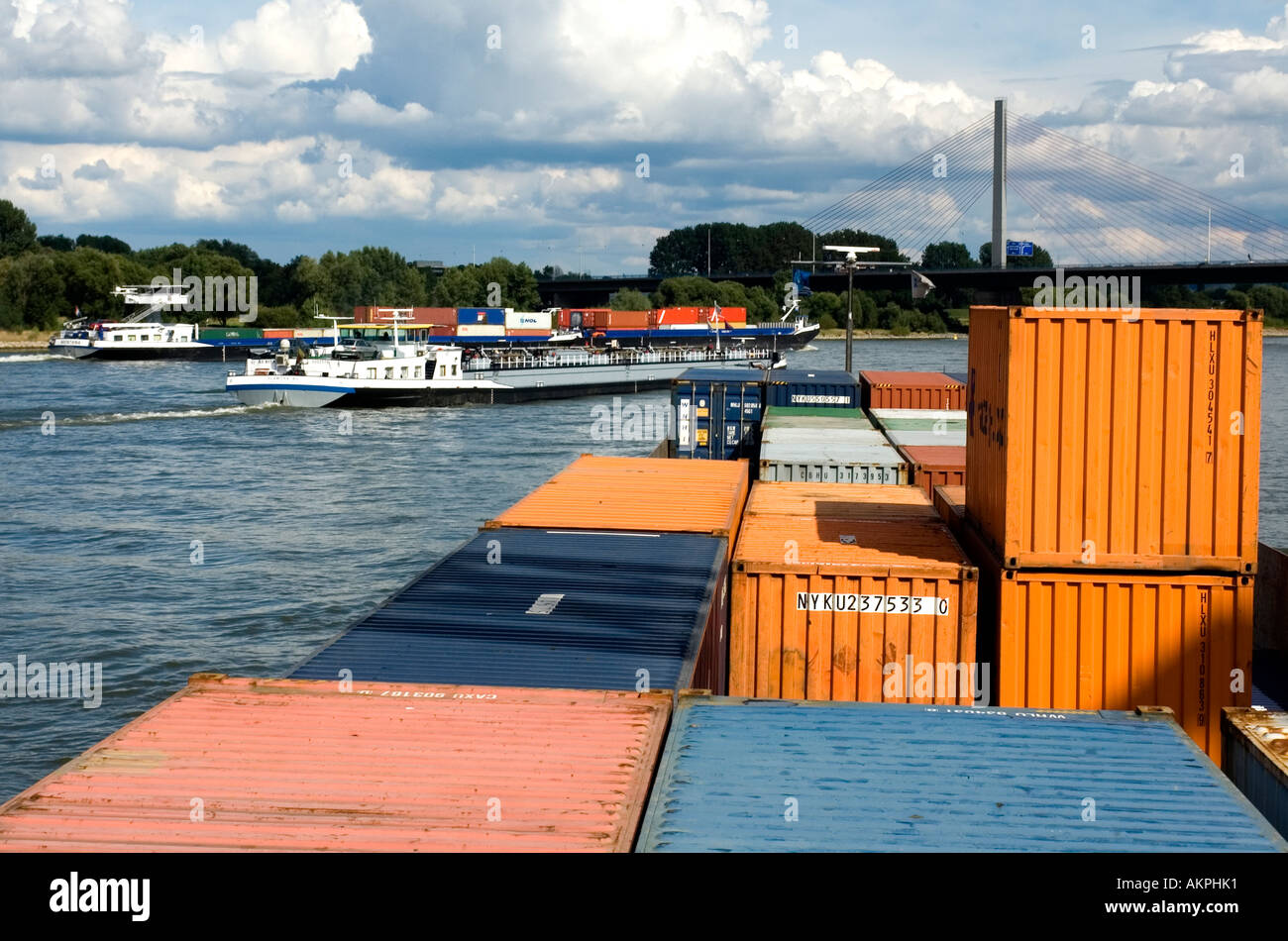 Rhine Germany container transport containers boat vessel german Stock ...
