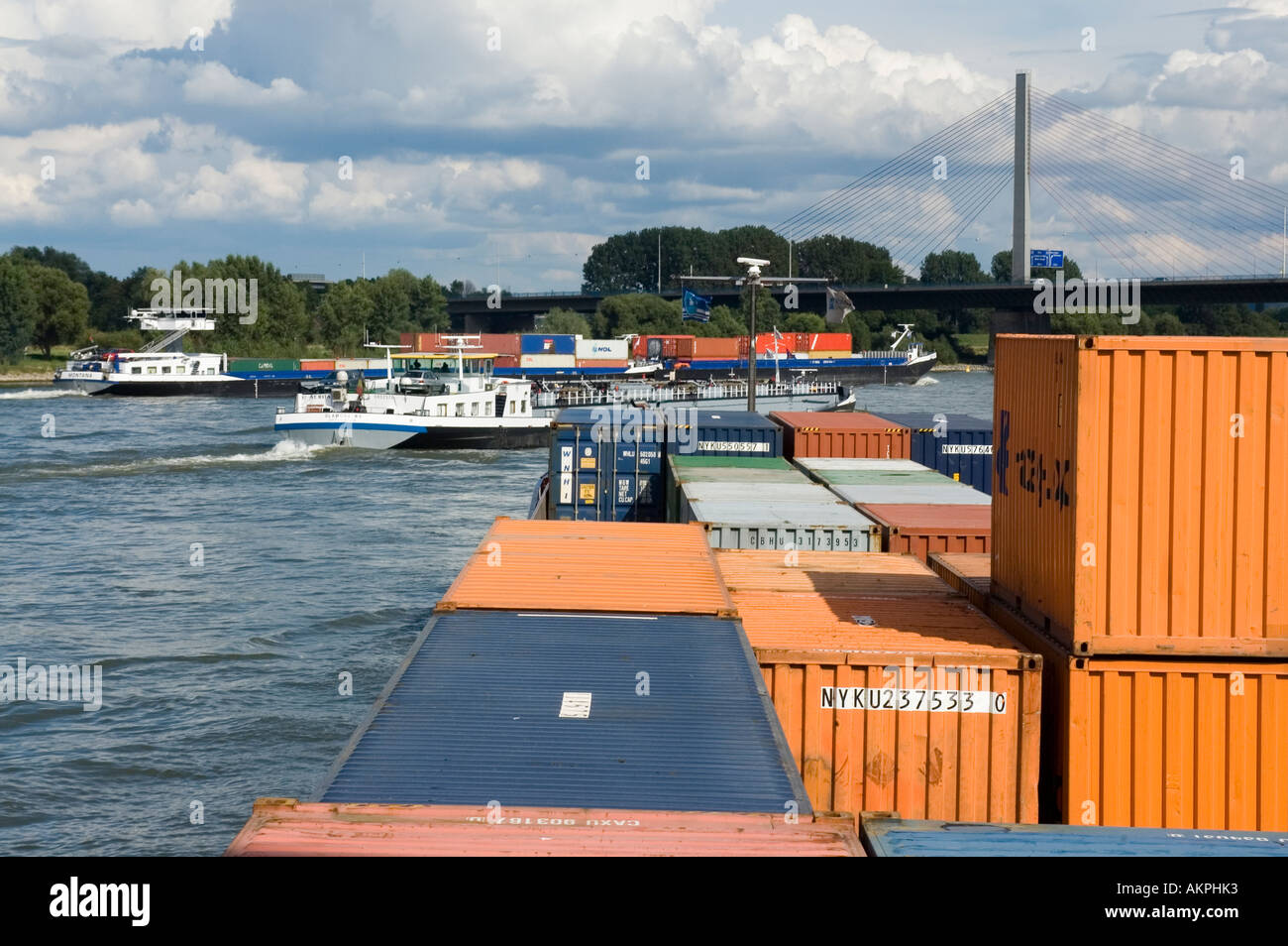 Rhine Germany container transport containers boat vessel german Stock ...