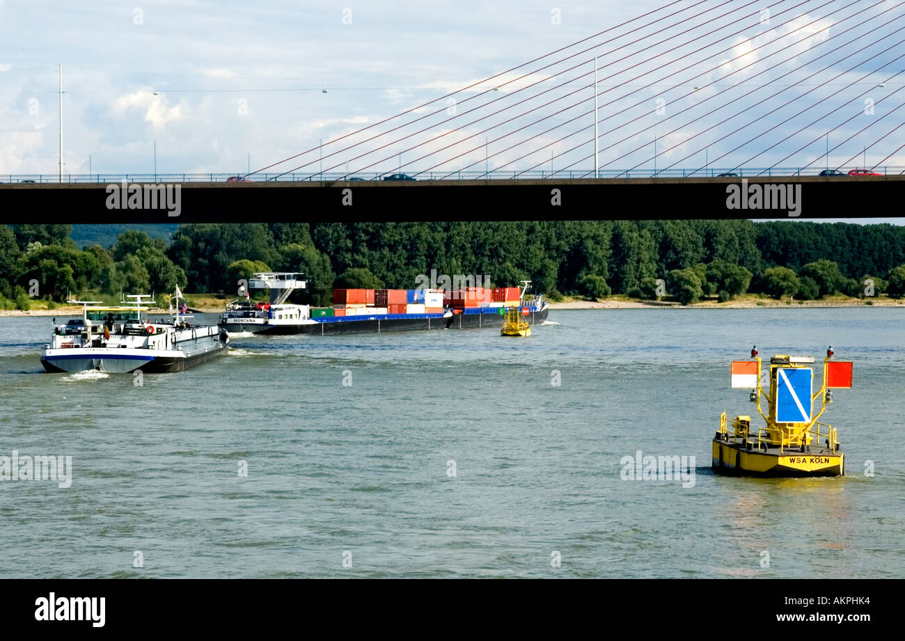Rhine Germany container transport containers boat vessel german Stock ...