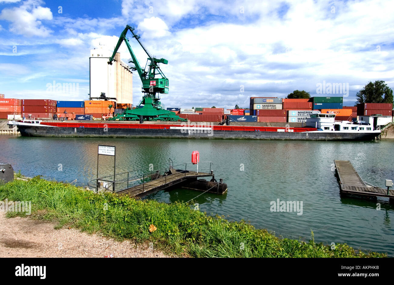 Rhine Germany container transport containers boat vessel german Stock ...
