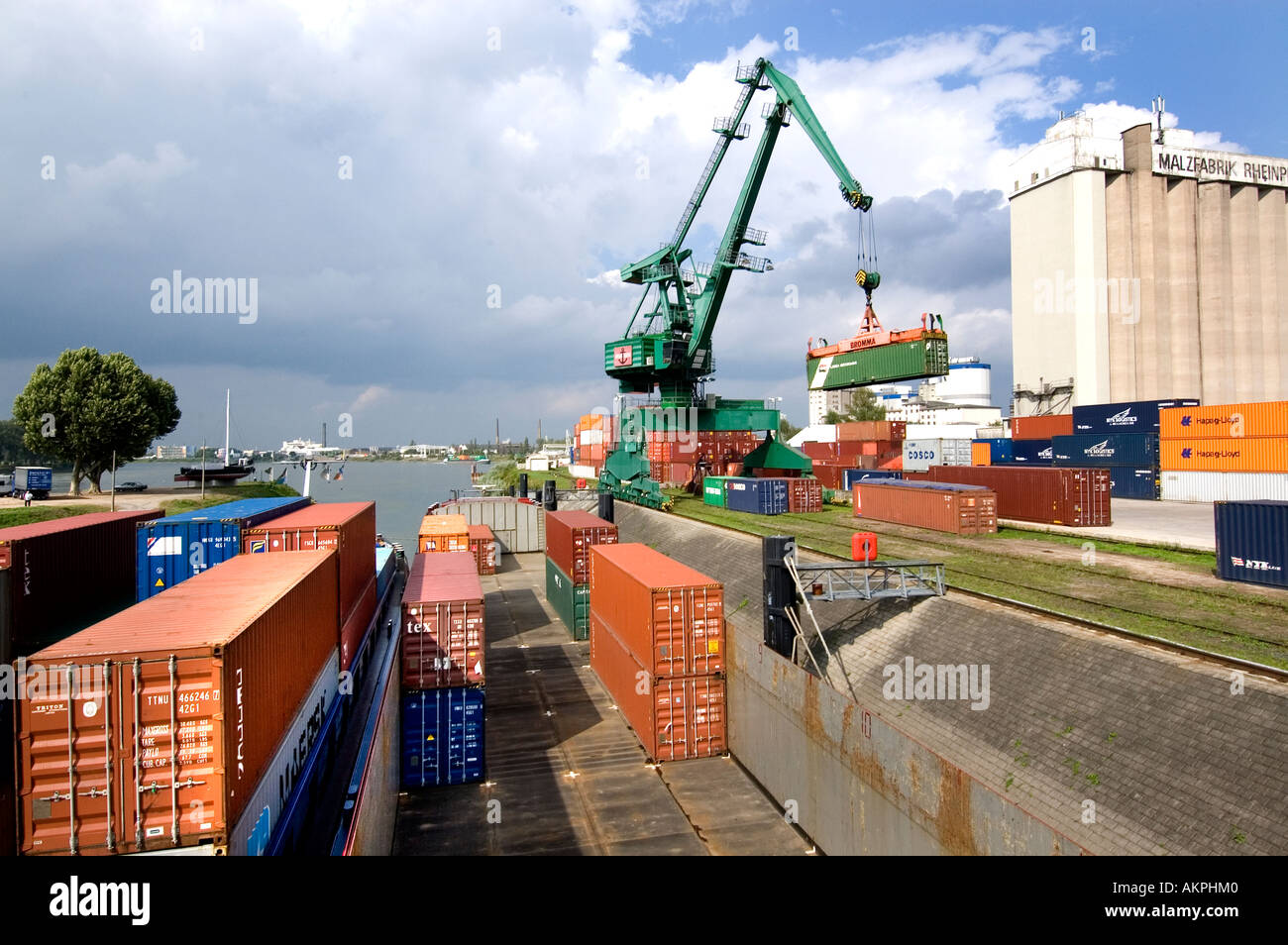 Rhine Germany container transport containers boat vessel german Stock ...