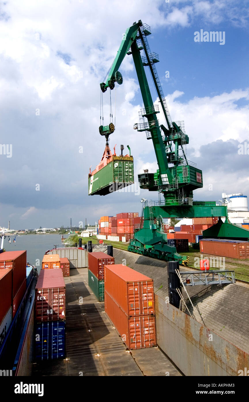 Rhine Germany container transport containers boat vessel german Stock ...