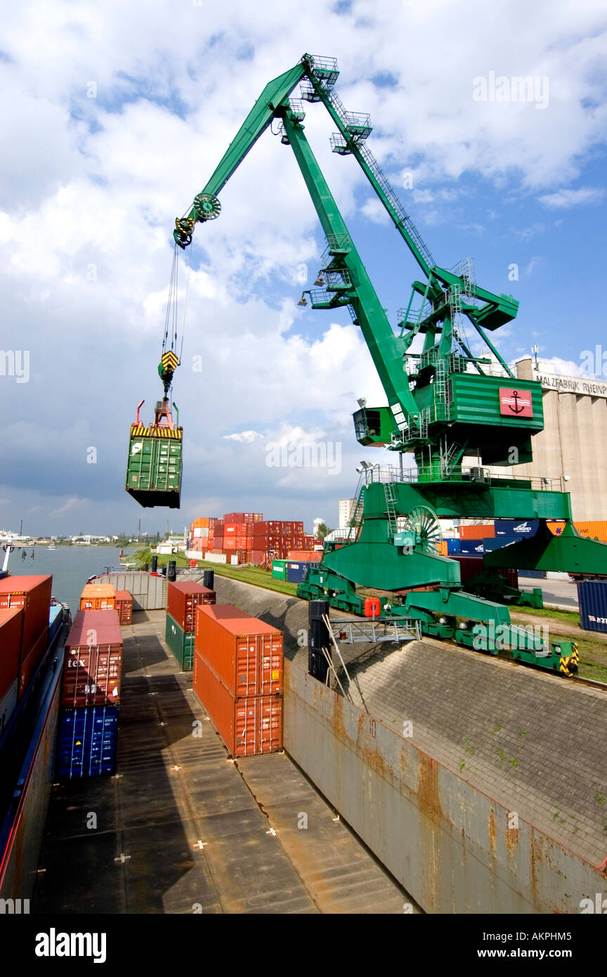 Rhine Germany container transport containers boat vessel german Stock ...