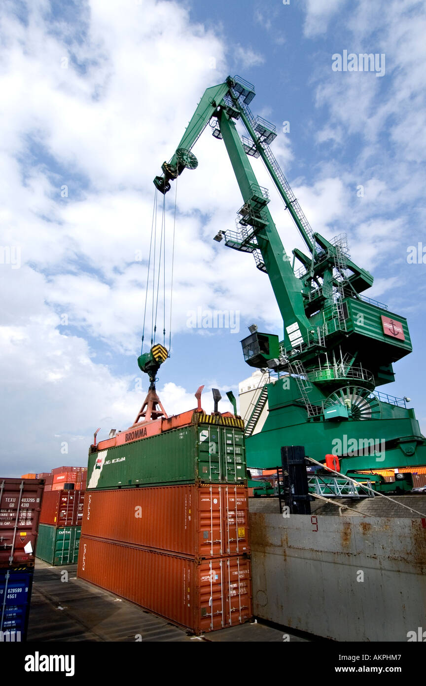 Rhine Germany container transport containers boat vessel german Stock ...